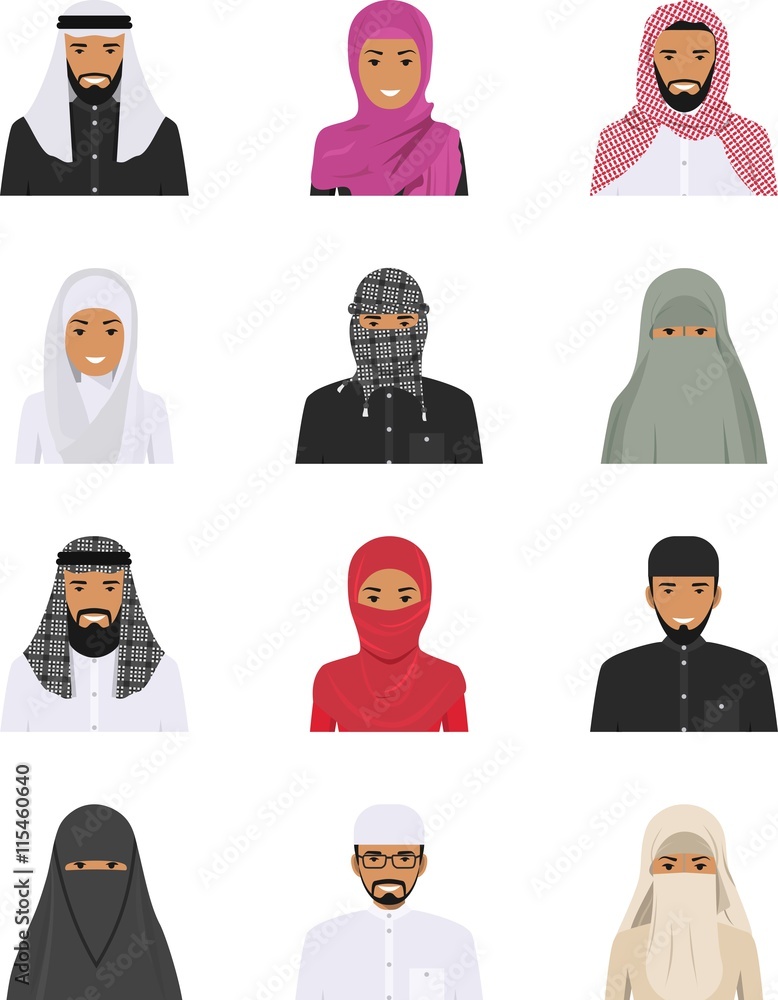 Different muslim arab people characters avatars icons set in flat style ...