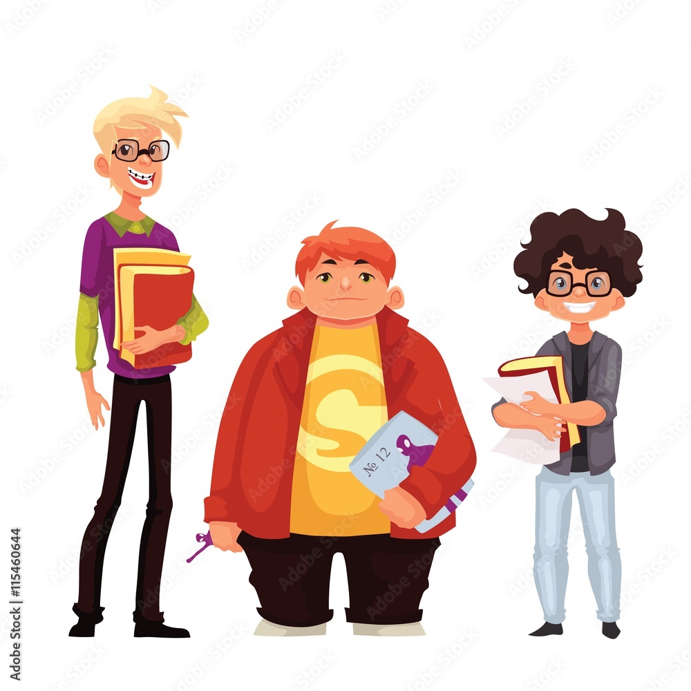 Vector illustration of cartoon style nerd schoolboys isolated on white ...