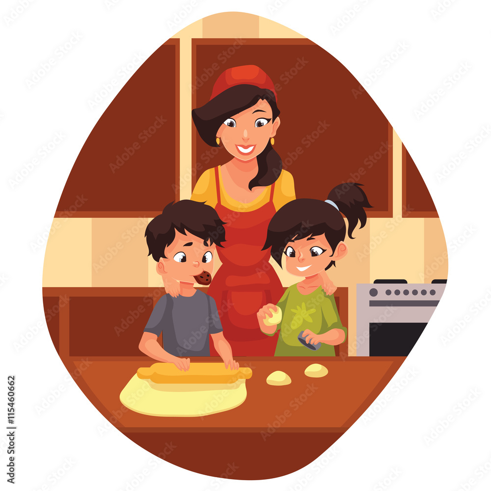 Mother and children preparing cookies in kitchen, cartoon vector ...