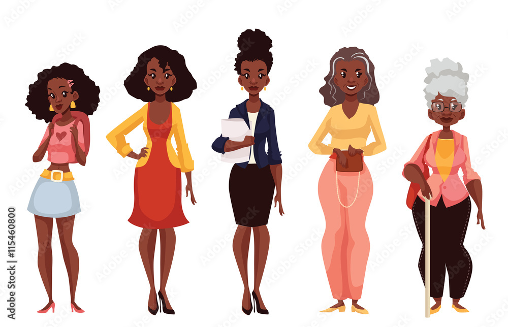 Set of black women of different ages from adolescence youth to maturity ...