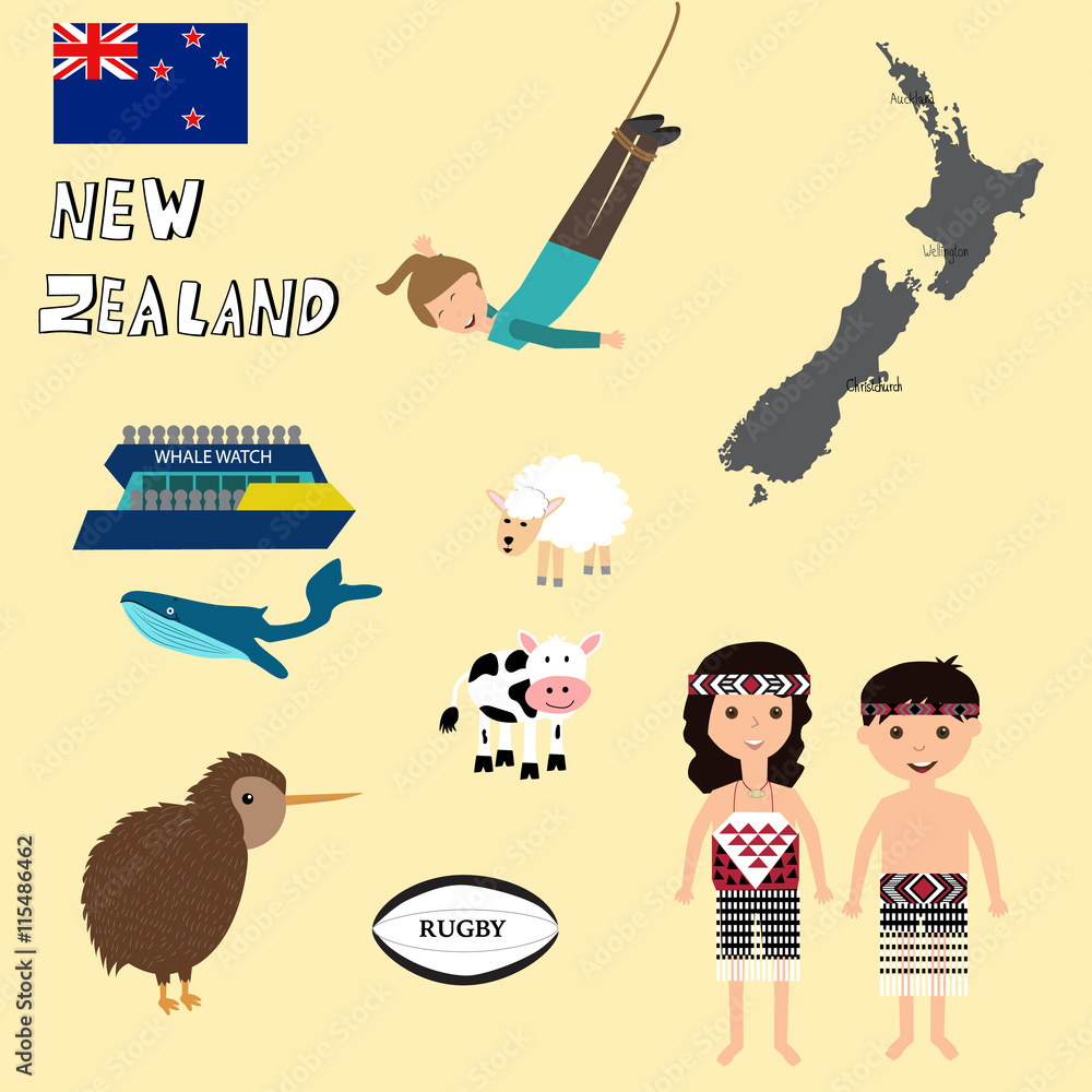 Travel New Zealand with map,whale watching,bungy jumping,Maori Stock ...