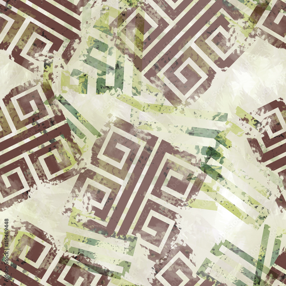 Seamless pattern with meander design. Greek background with watercolor ...
