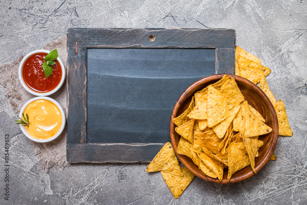 Mexican nacho with sauces and chalk board Stock Photo | Adobe Stock