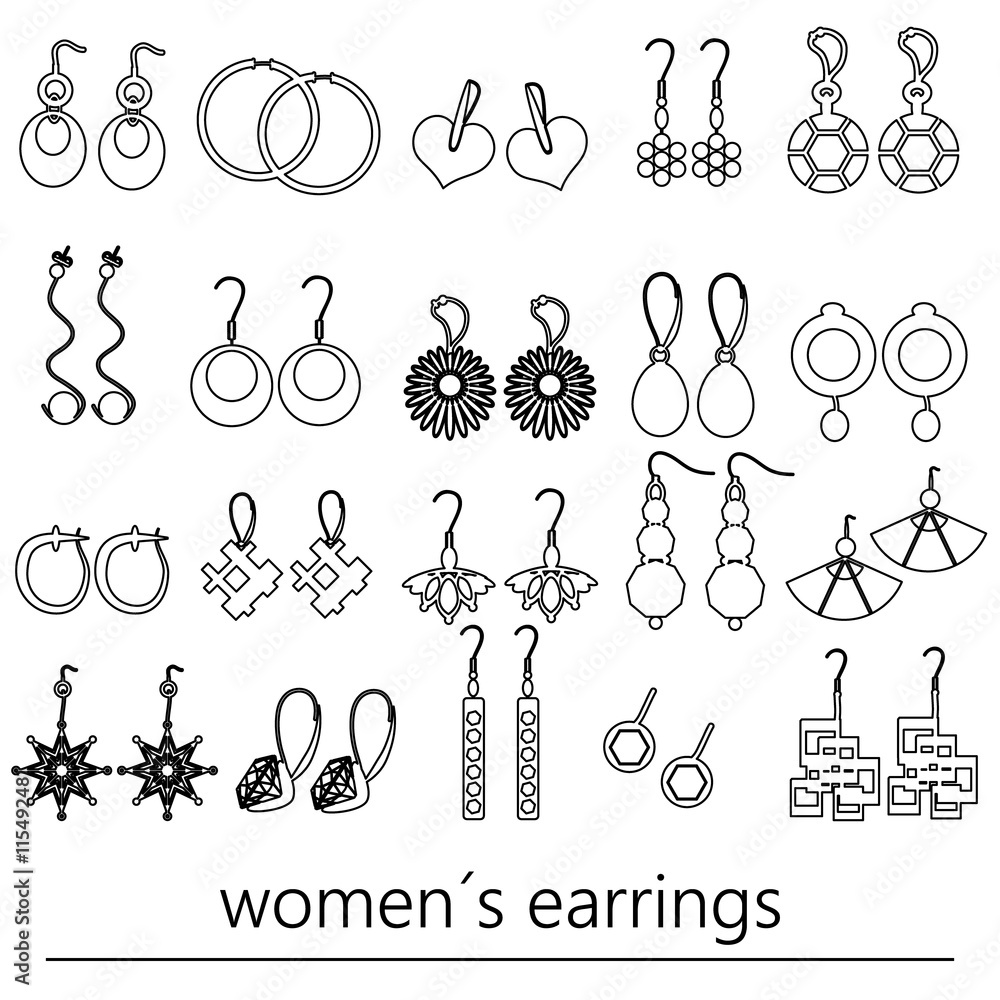 various ladies earrings types set of outline icons eps10 Stock Vector ...