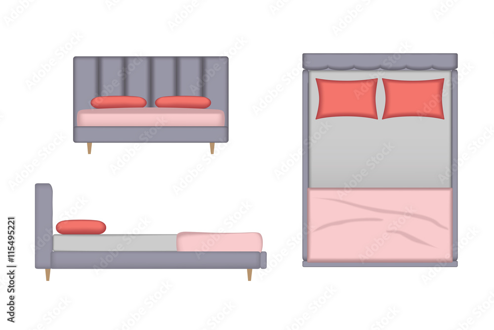 Realistic Bed Illustration. Top, Front, Side View for Your Interior ...