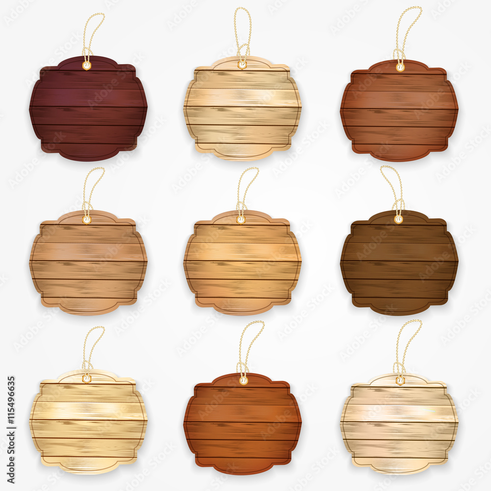 wooden badges collection. Set of various wood stickers, banners, badges ...