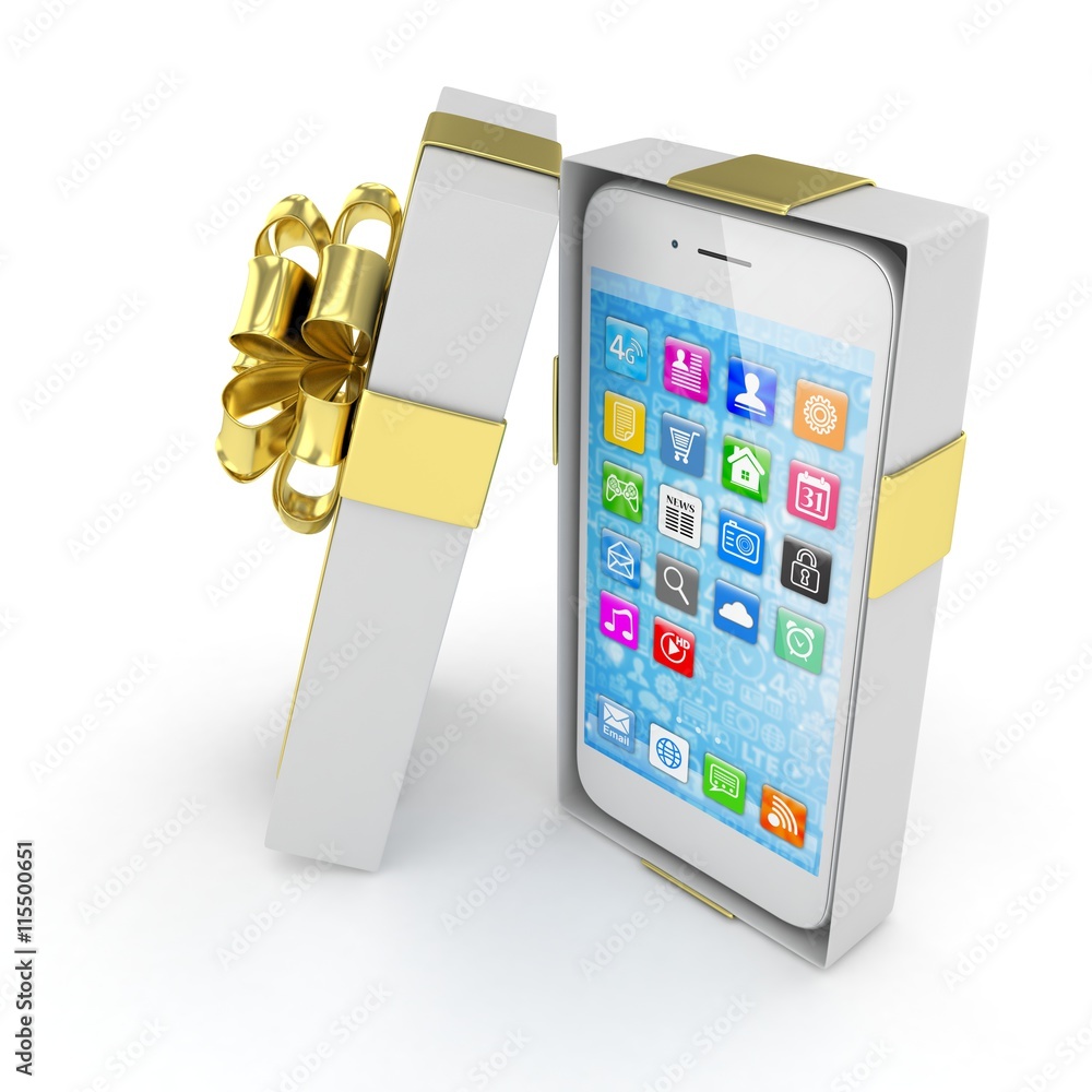 Smartphone in gift box. Isolated on white background. 3d rendering ...
