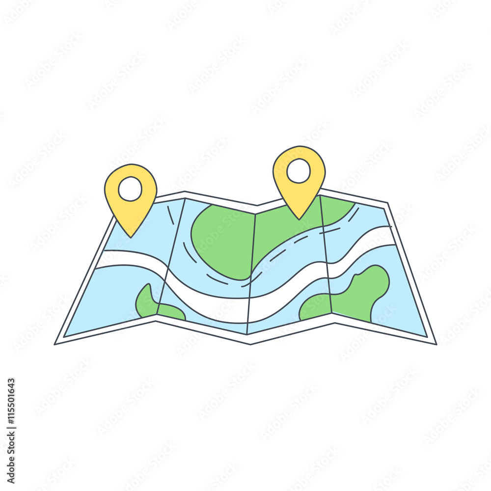 Paper Map With Destination Marked Stock Vector | Adobe Stock