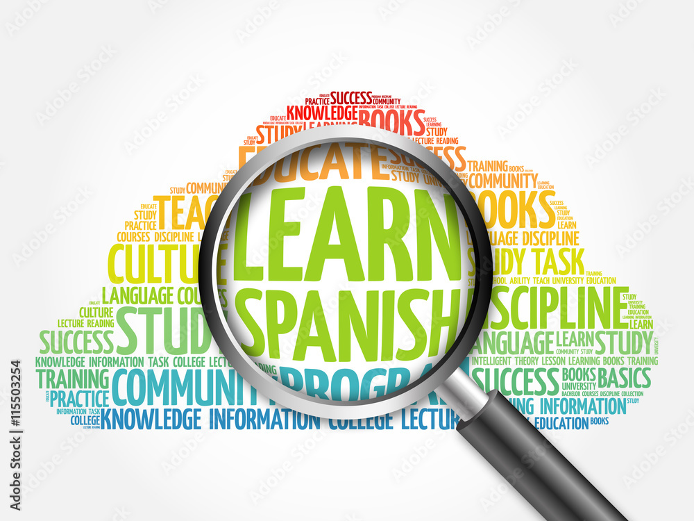 Learn Spanish word cloud with magnifying glass, education concept 3D ...