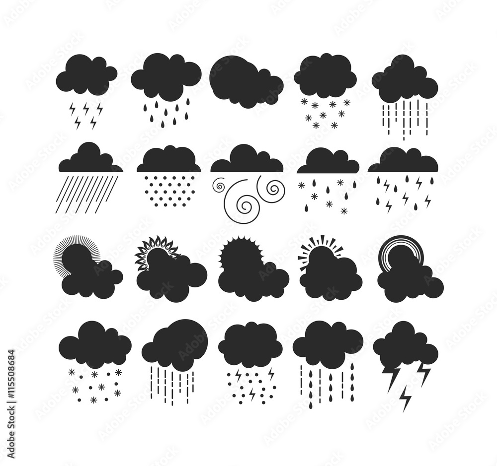 Mega pack of weather black silhouette icons snow climate, sun forecast ...