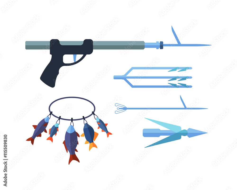 Flat design icon of fishing speargun fish gun. Vector illustration fish ...
