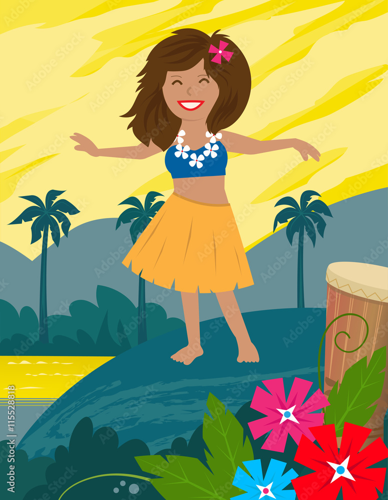 Hula Girl - Cute hula dancer and a landscape of a tropical island ...