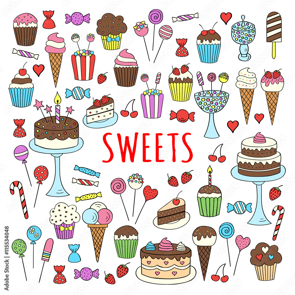 Sweets set vector icons hand drawn doodle. Dessert illustrations ...