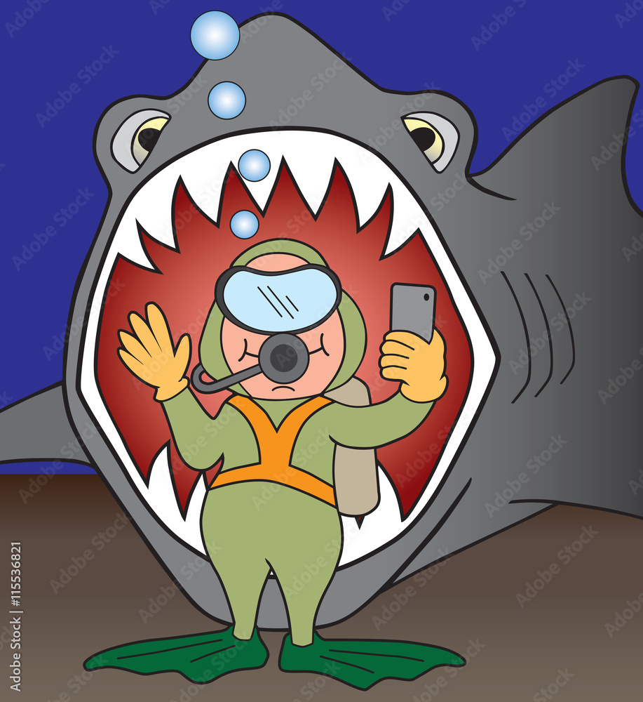 Clueless diver is taking a picture of himself unaware that there is a ...