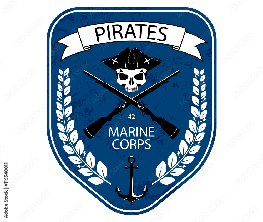 Marines military emblem patch with scull and guns, ribbon, anchor and ...