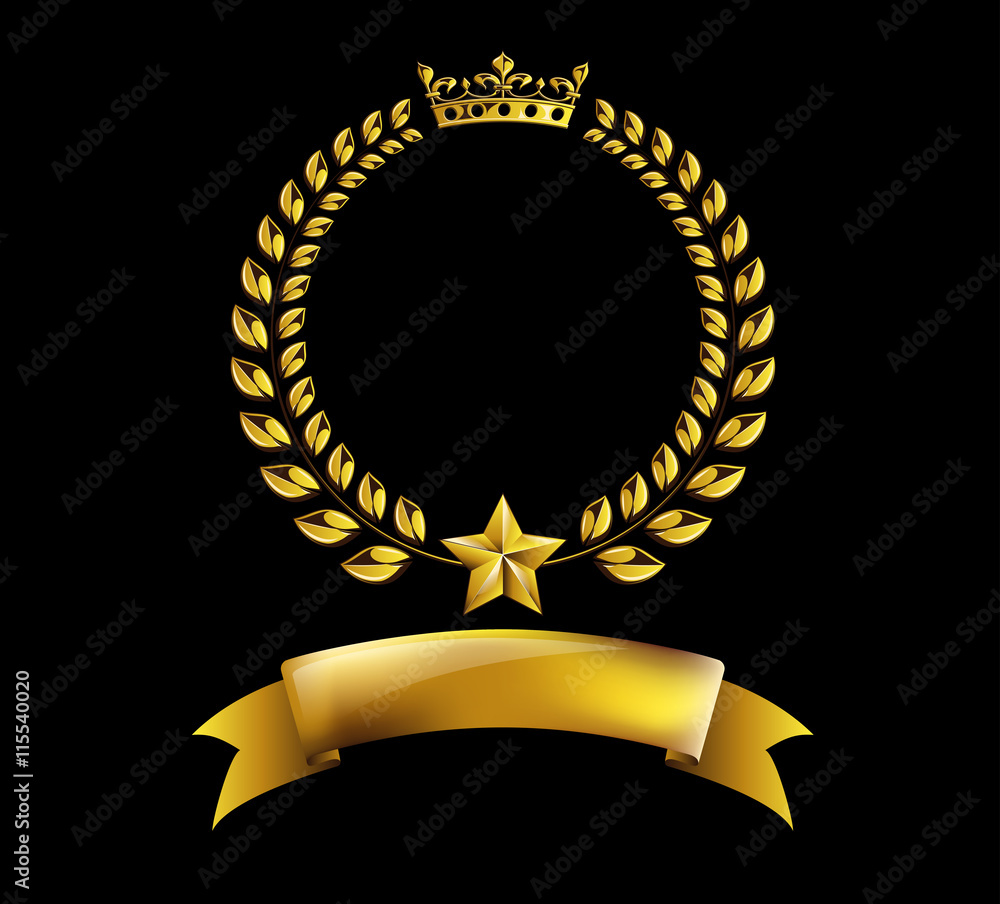 Vector Round Golden Laurel Wreath Award Frame Isolated On Black