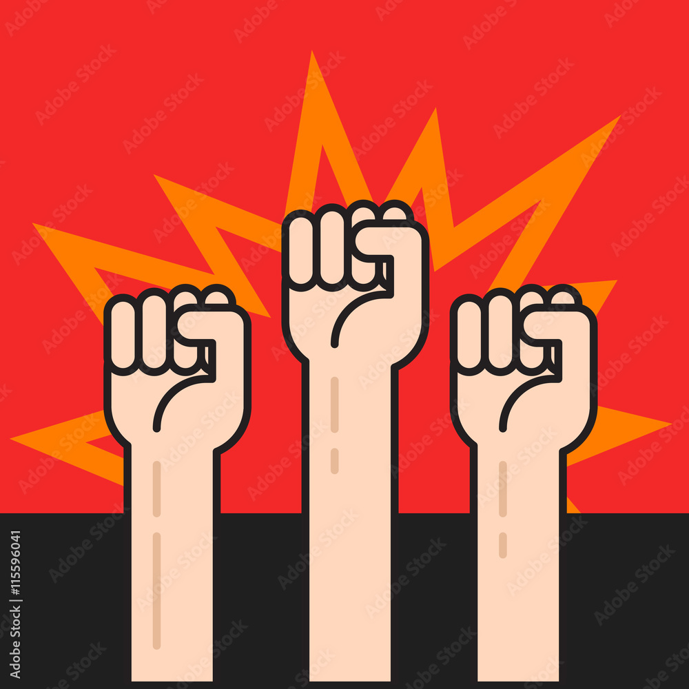 Fists hands up vector illustration, protest sign, crowd of people ...
