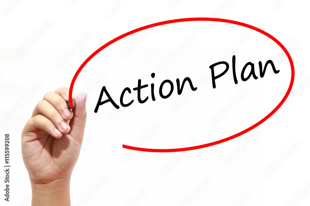 Man Hand writing Action Plan with marker on transparent wipe board ...