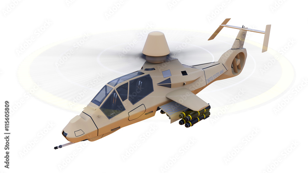 Modern army helicopter in flight with a full complement of weapons on a ...