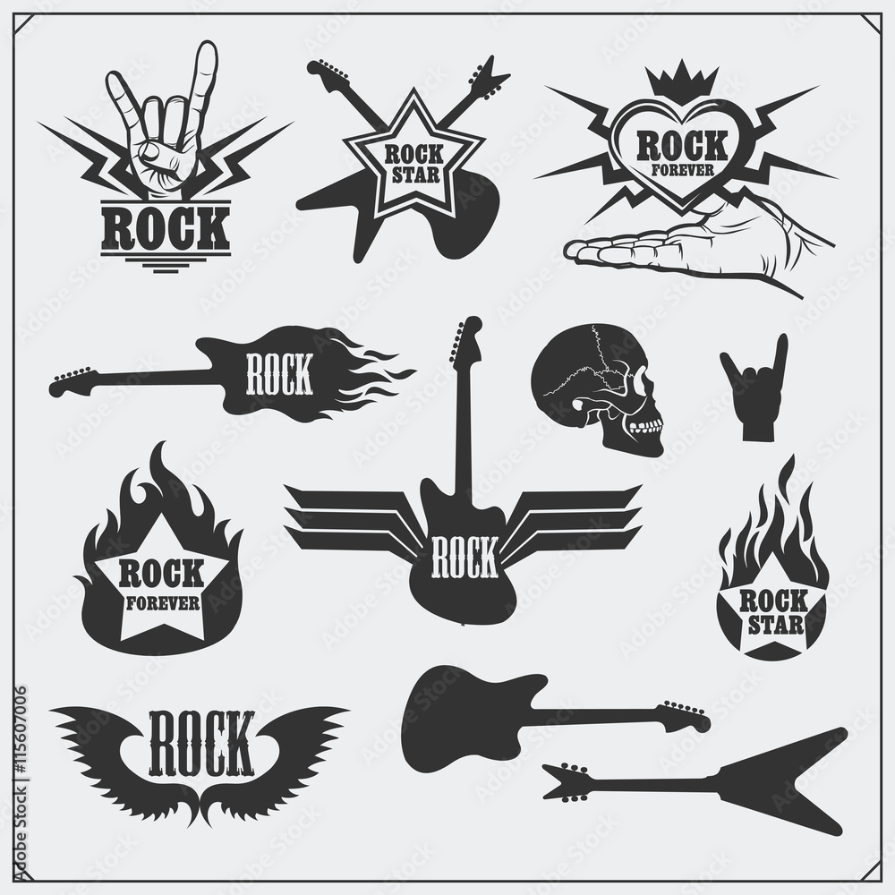 Rock'n'Roll music symbols, labels, logos and design elements. Stock ...