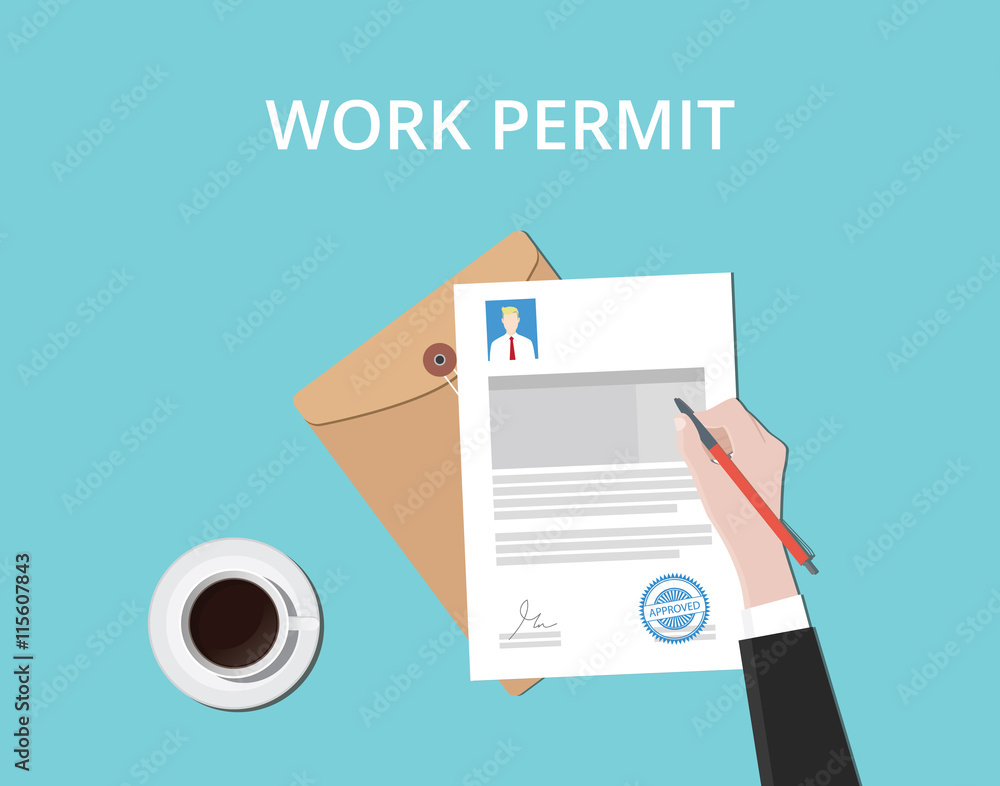 work permit hand sign a paper document with stamp and coffee vector ...