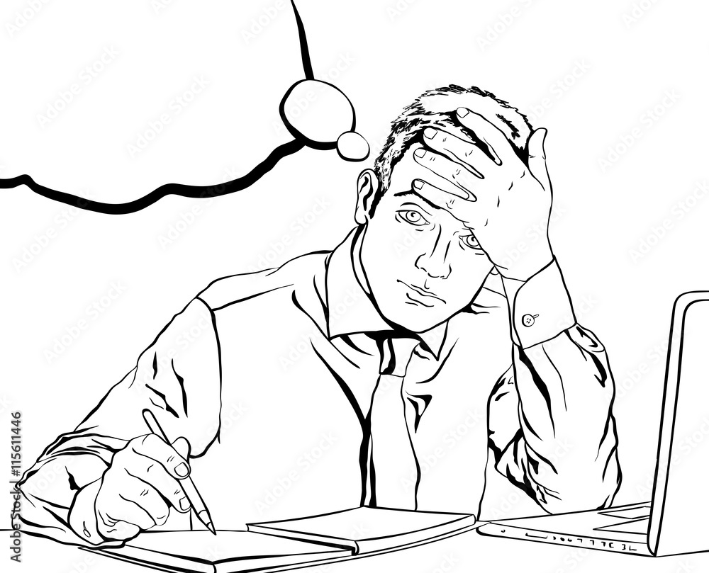 sad tired office employee sitting at his desk in the background Stock ...