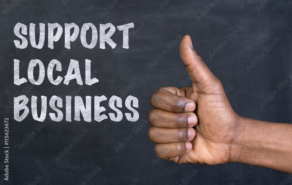 Male hand giving the thumbs up gesture to the phrase Support Local ...