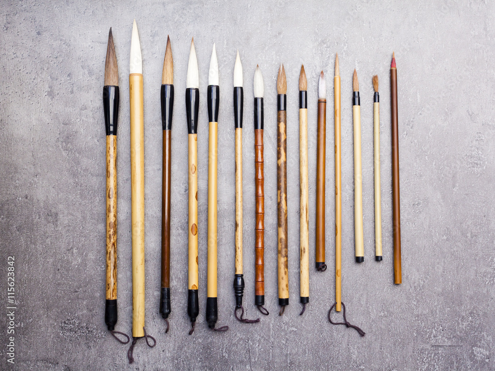 Chinese brushes painting for Sumi-e and calligraphy. Stock Photo ...