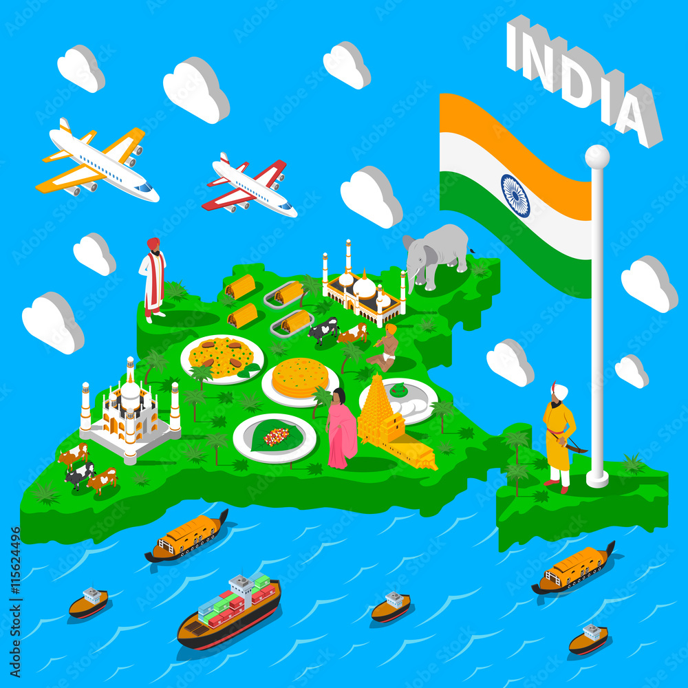 India Map Touristic Isometric Poster Stock Vector | Adobe Stock
