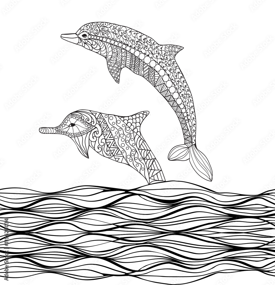 Hand drawn dolphins with scrolling sea wave Stock Vector | Adobe Stock
