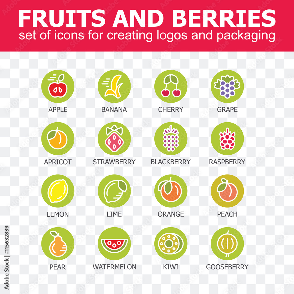 Fruit and berries icon collection - vector illustration. Fruit and ...