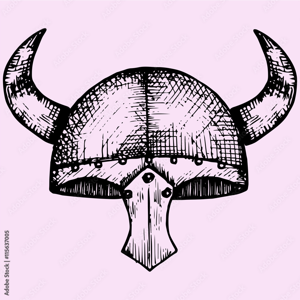 Viking Helmet Doodle Style Sketch Illustration Hand Drawn Vector Stock
