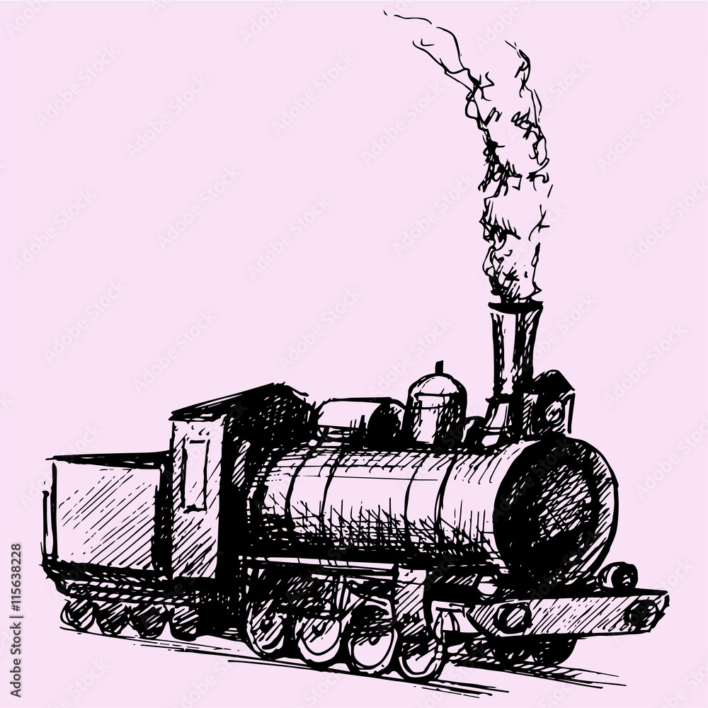 Vetor de retro steam locomotive doodle style sketch illustration hand ...
