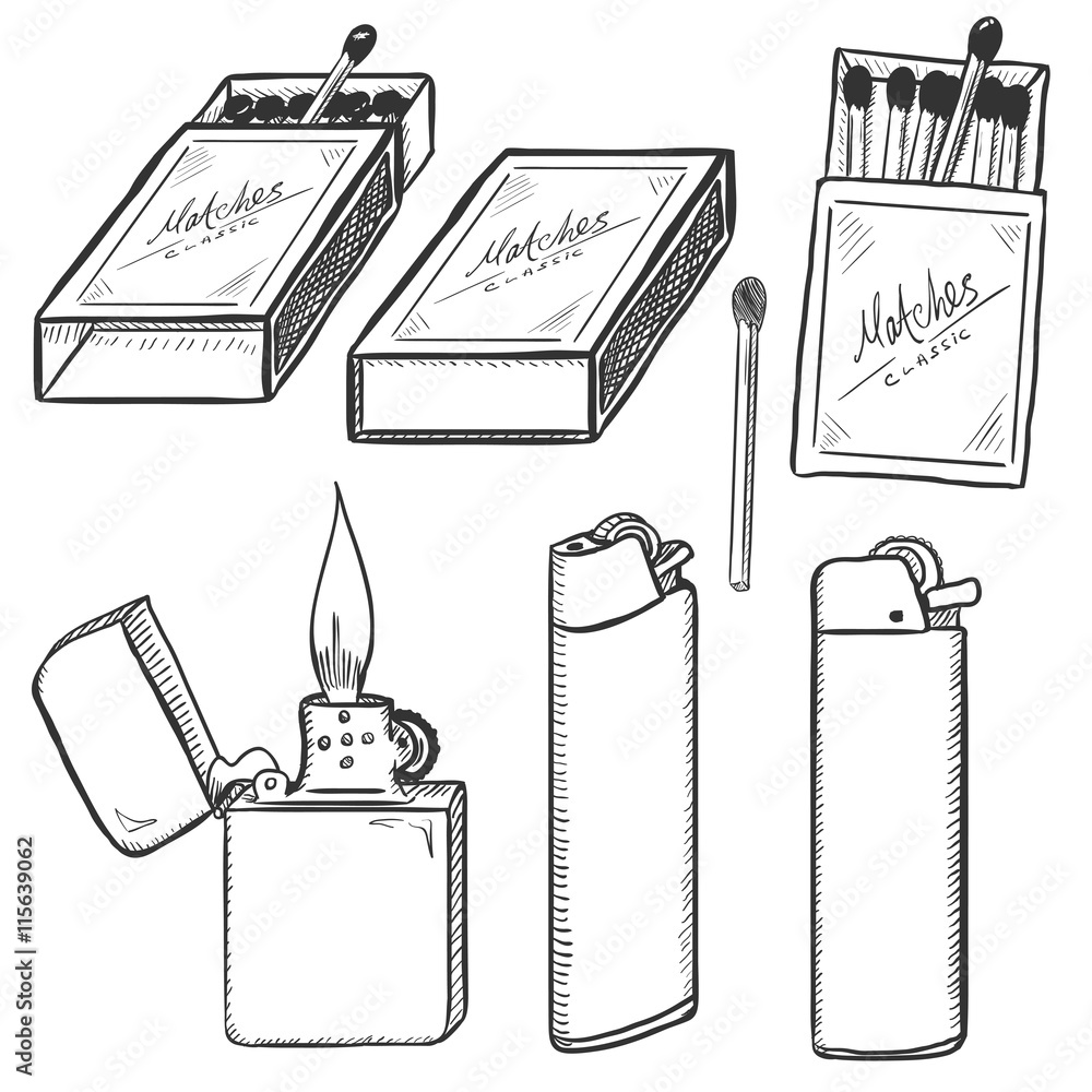 Vector Sketch Set of Matches, Matchboxes and Lighters. Stock Vector ...