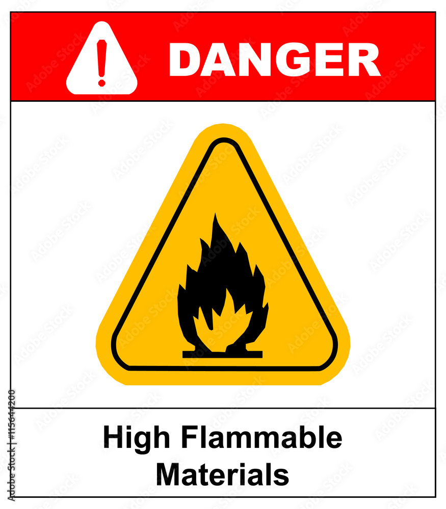Fire warning sign in yellow triangle. High Flammable Materials Stock ...