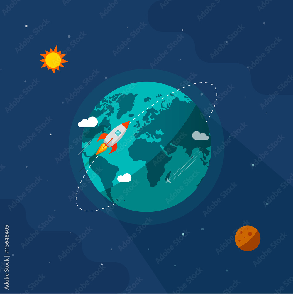 Earth in space with spaceship vector illustration, rocket space ship ...
