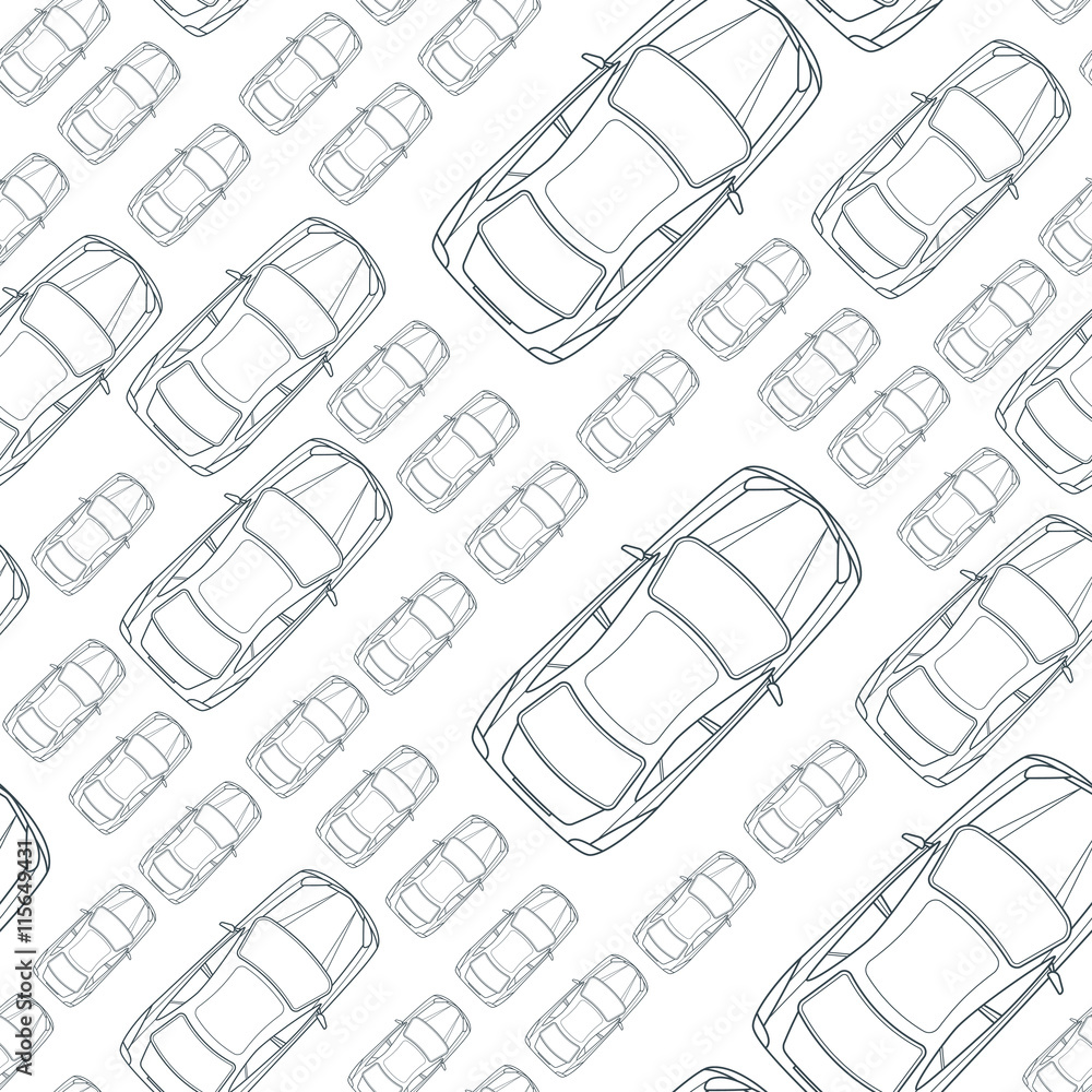 Vector seamless monochrome pattern with outline cars. Top view isolated ...