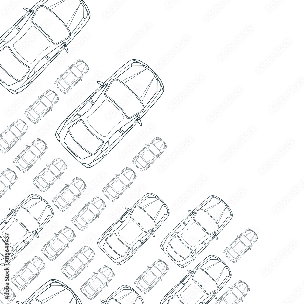 Vector monochrome background with outline cars. Top view isolated line ...