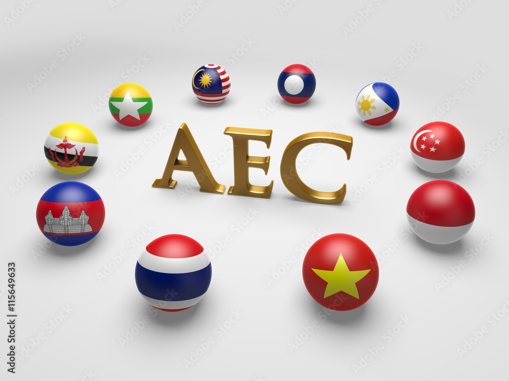 AEC, Asean Economic Community flag symbols.3d rendering. Stock ...