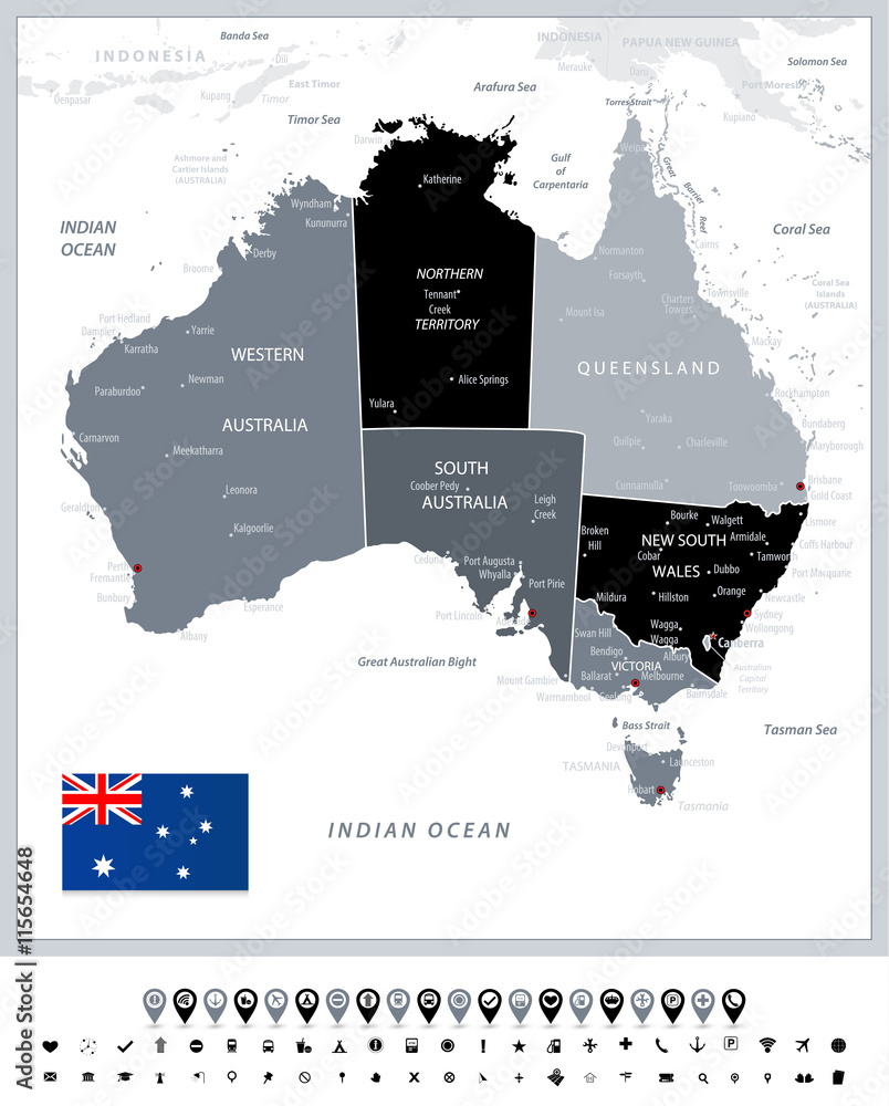 Grayscale color map of Australia and navigation icons Stock Vector ...