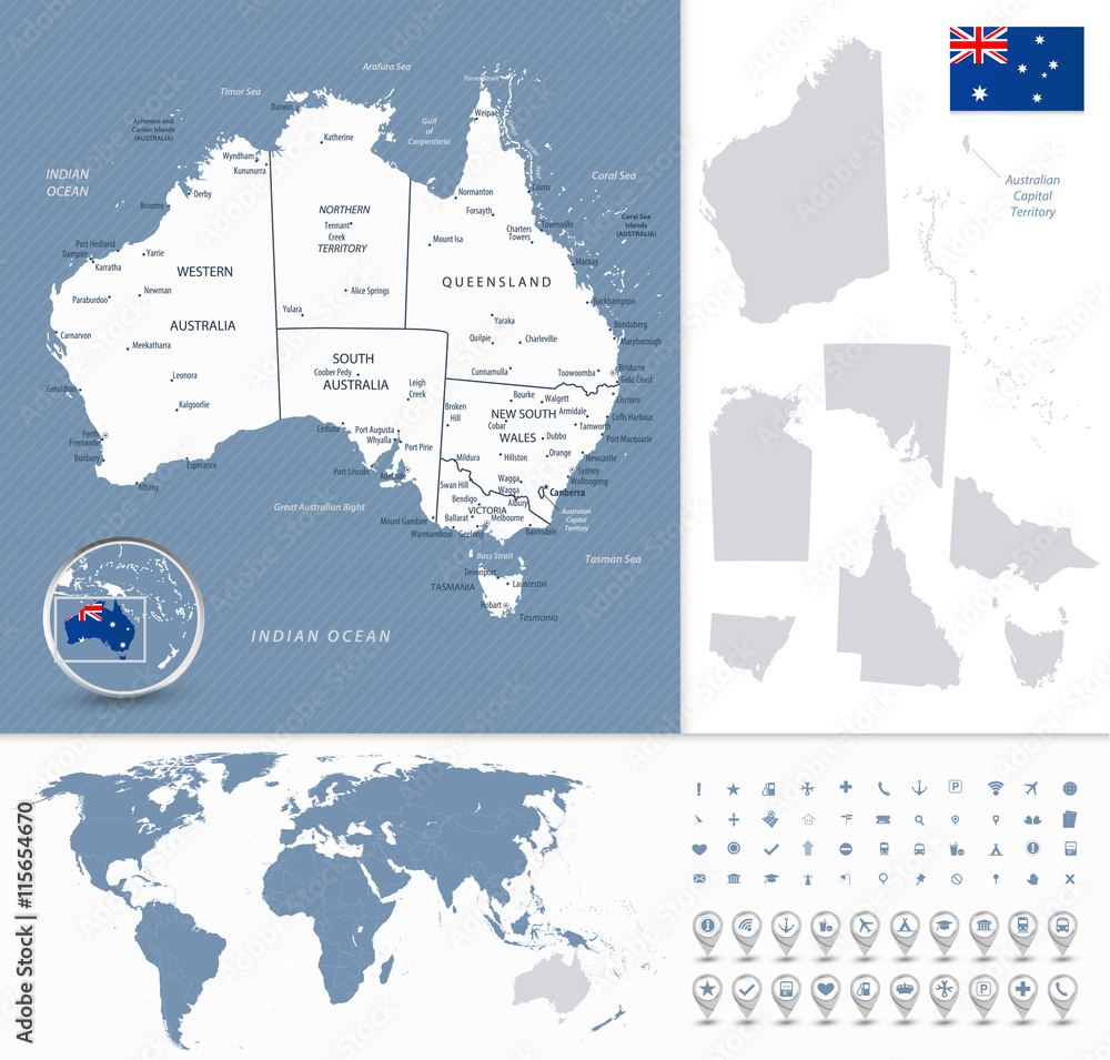 Australia Highly Detailed Map and World Map Navigation Set Stock Vector ...