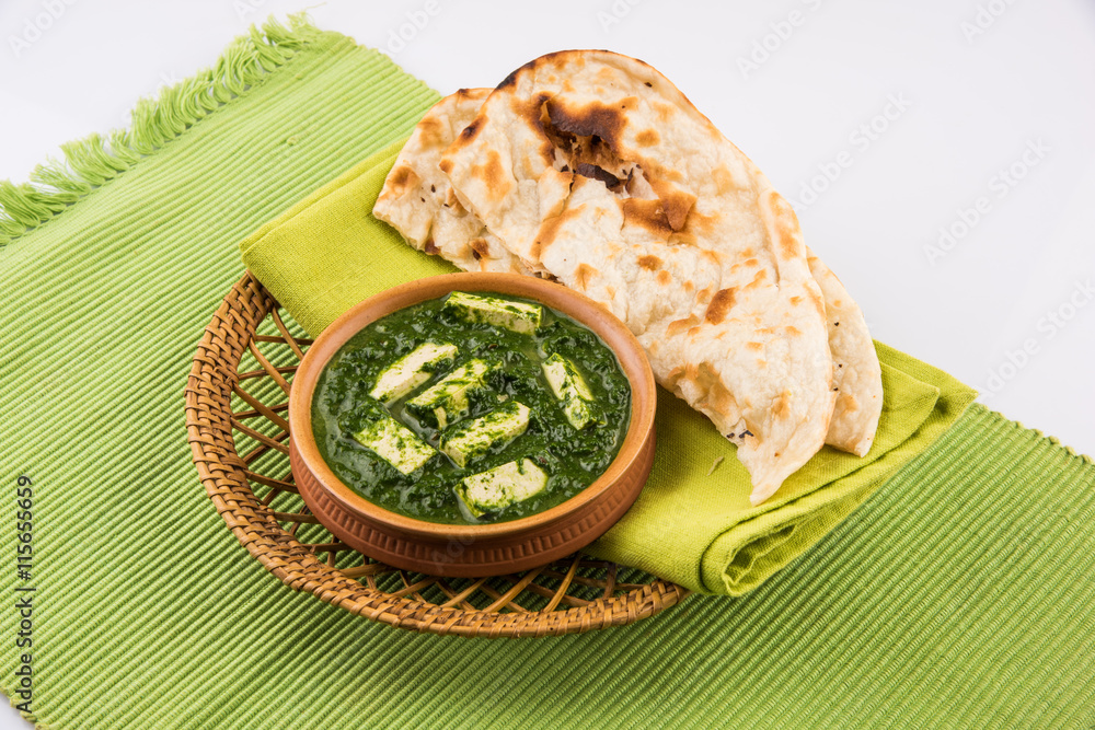 tasty palak paneer served with nan / naan / roti / chapati / fulka ...