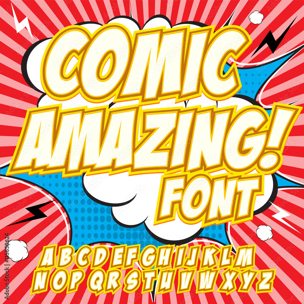 Comic alphabet set. Light yellow color version. Letters, numbers and ...