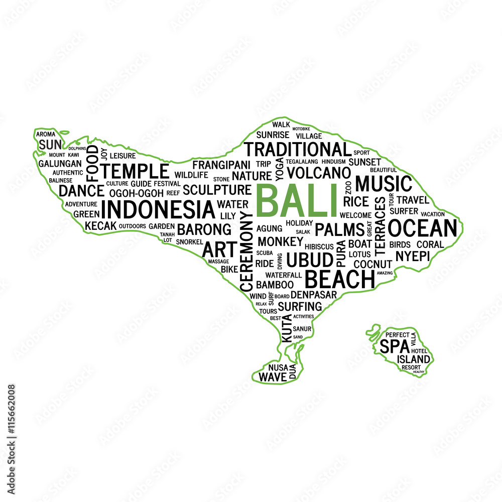 Word Cloud, Bali map shape. Vector illustration. Stock Vector | Adobe Stock