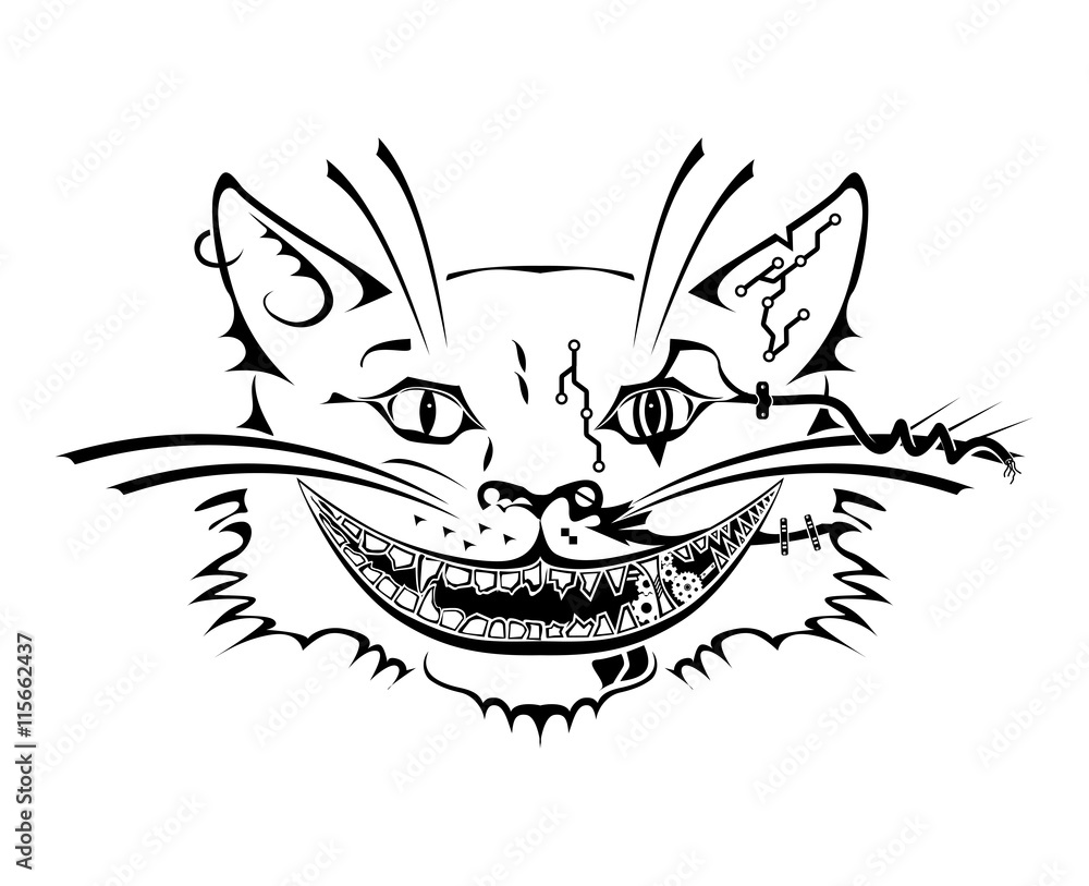 Vector illustration of Cheshire Cat in black and white. Tattoo style ...