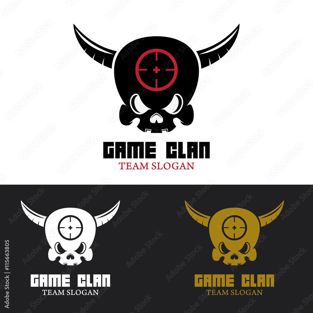 Vettoriale Stock Game clan logo template. Human skull with horns ...