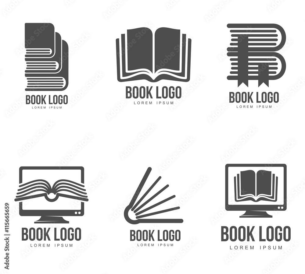 Set of black and white book logo designs, vector illustration isolated ...