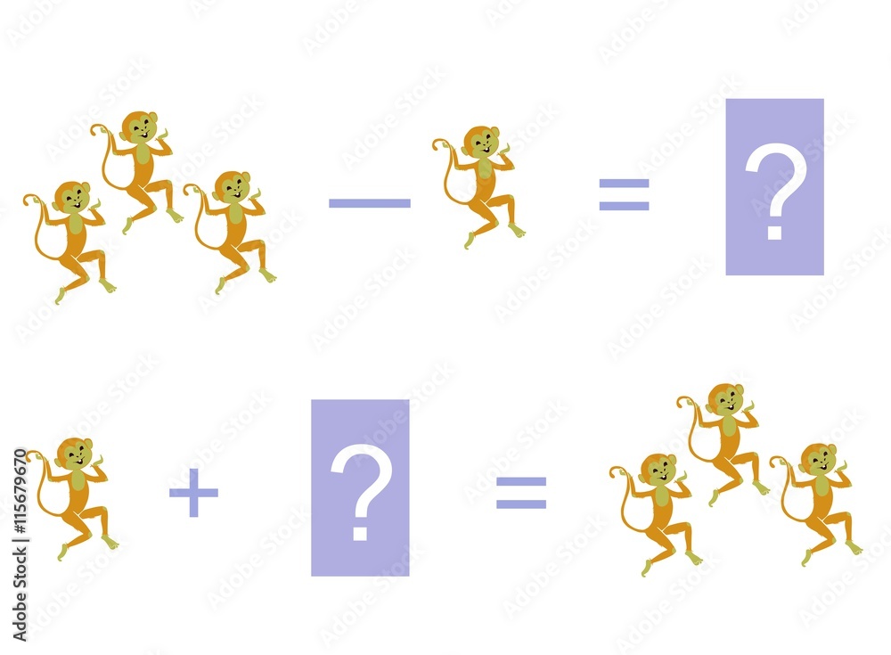 Cartoon illustration of mathematical addition and subtraction. Examples ...