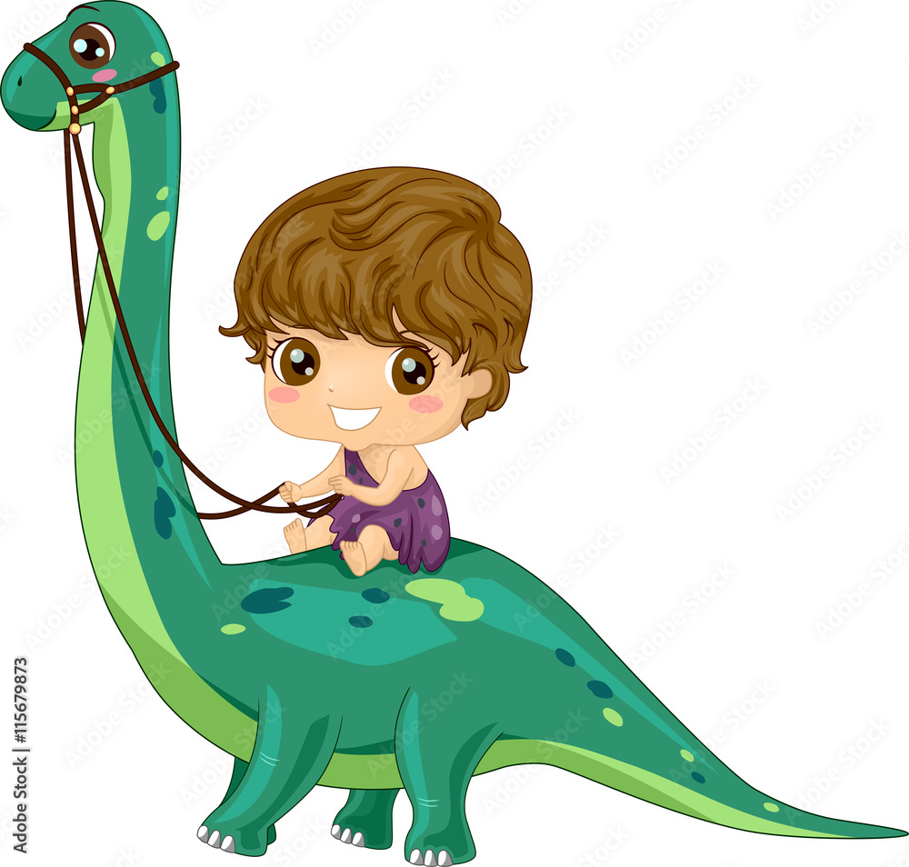 Kid Boy Dinosaur Ride Brontosaurus Stock Vector | Adobe Stock