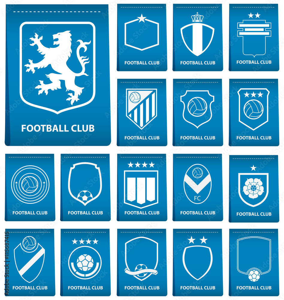 Set of football or soccer crest on blue tag in flat design. Football ...